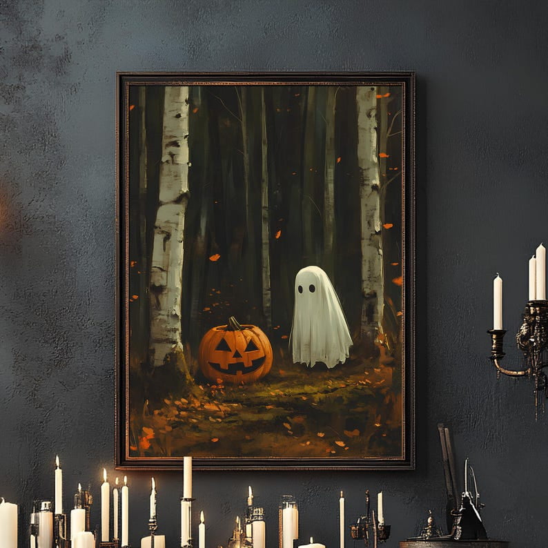 Haunted Forest Art Print, Vintage Halloween Wall Decor, Moody ...