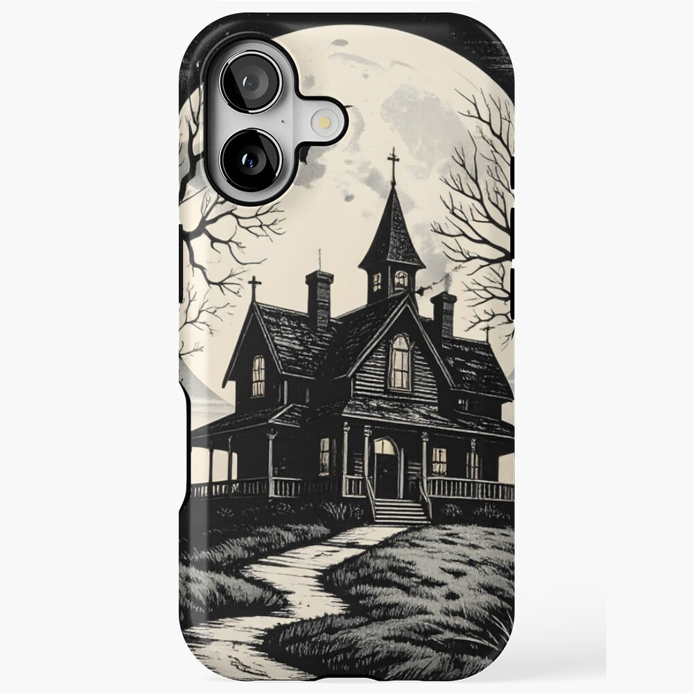 Haunted Gothic House Linocut Style Halloween Artwork Creepy Funny ...