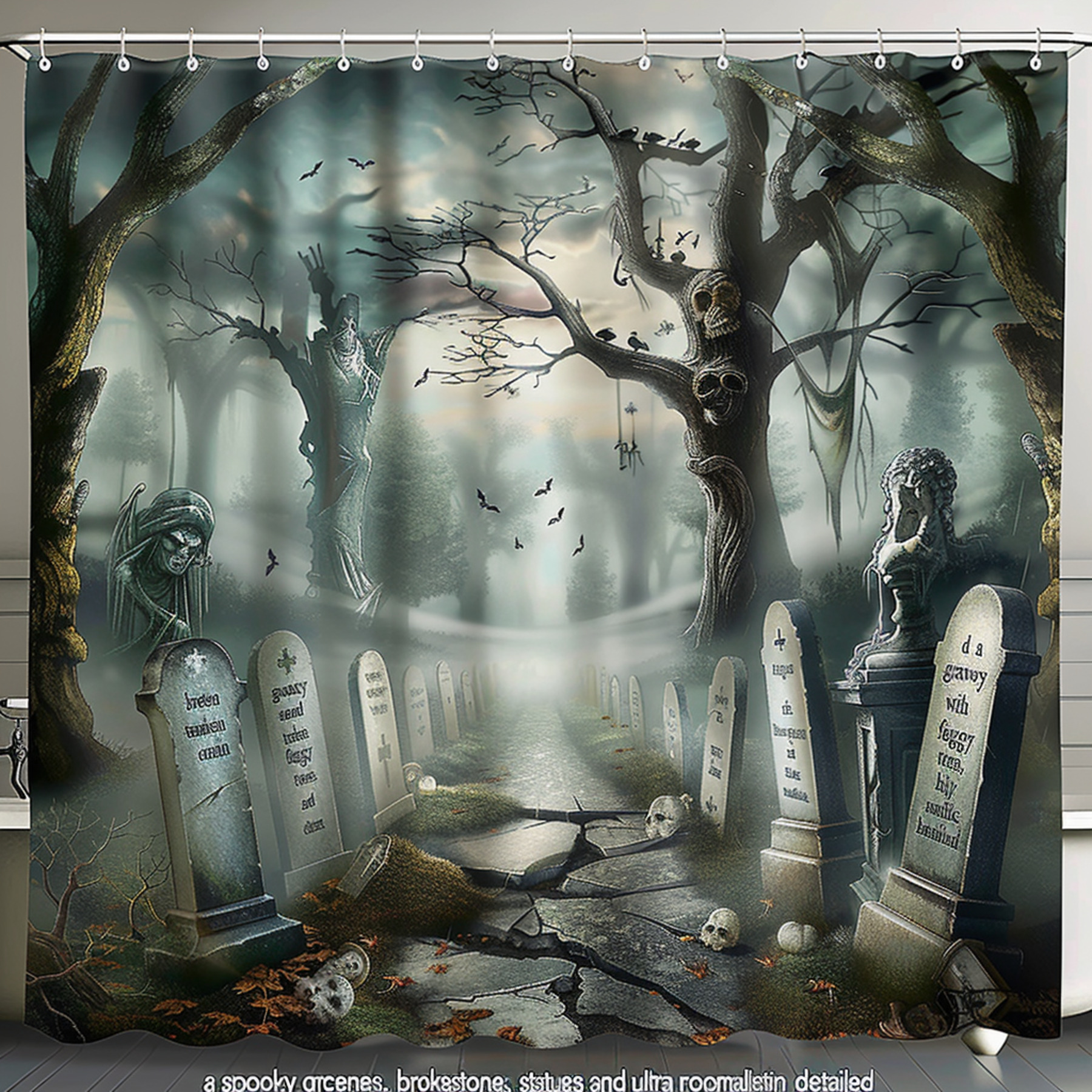 Haunted Graveyard: Eerie Tombstones and Foggy Trees Shower Curtain ...