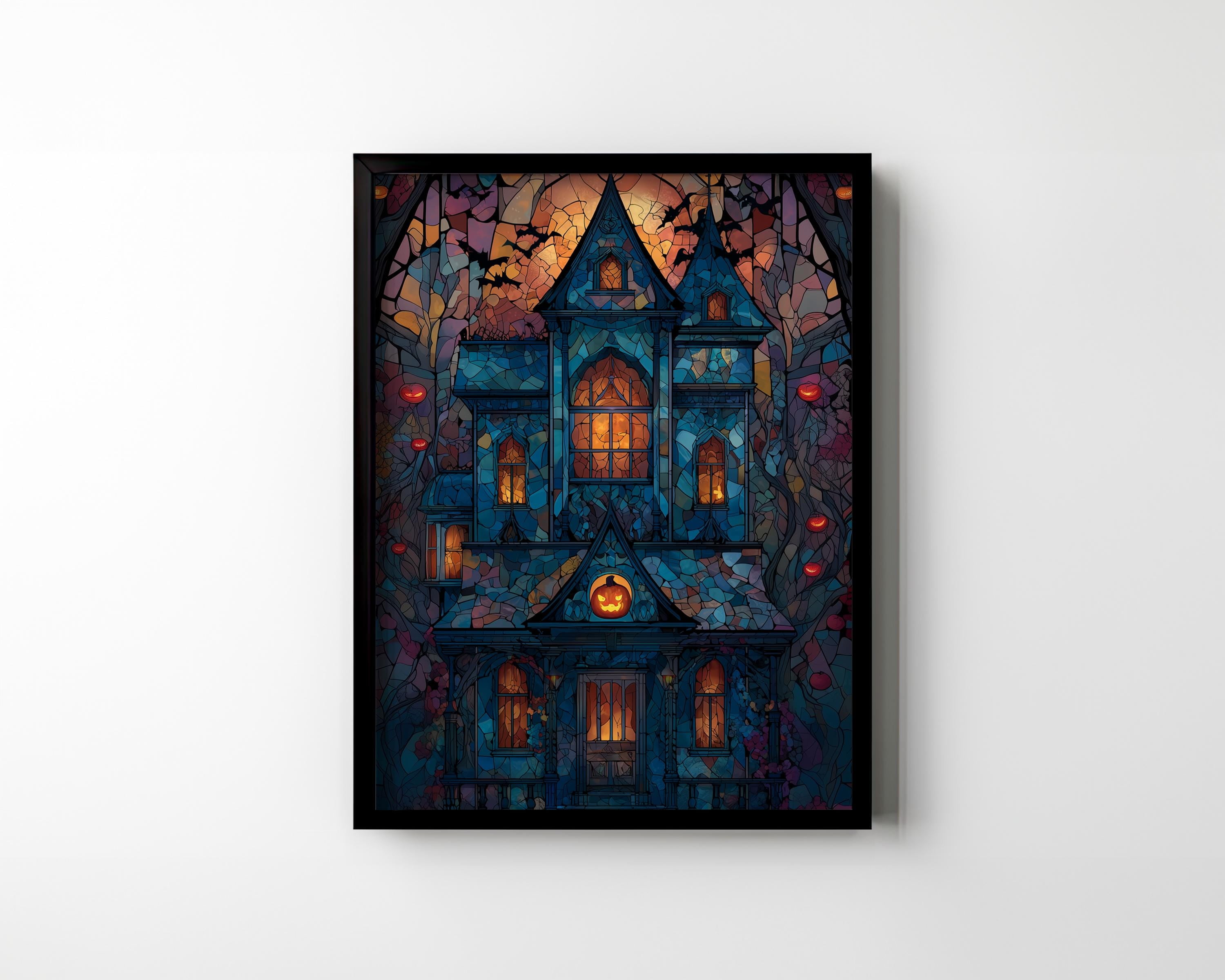 Haunted Halloween Mansion Wall Art Print Wall Decor Stained Glass Style ...