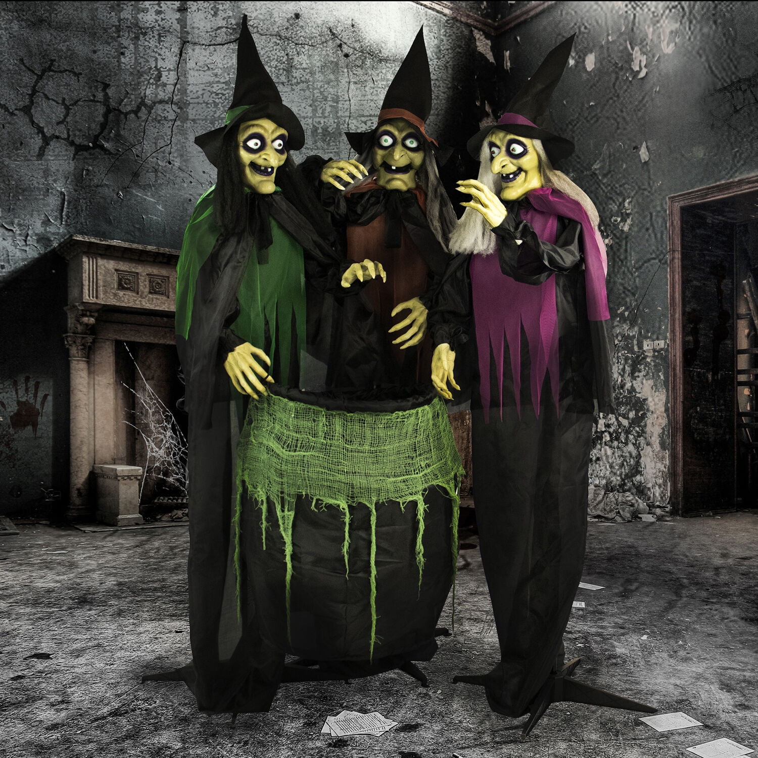 Haunted Hill Farm 5.7 ft Animatronic 3 Witches with Cauldron, Indoor ...
