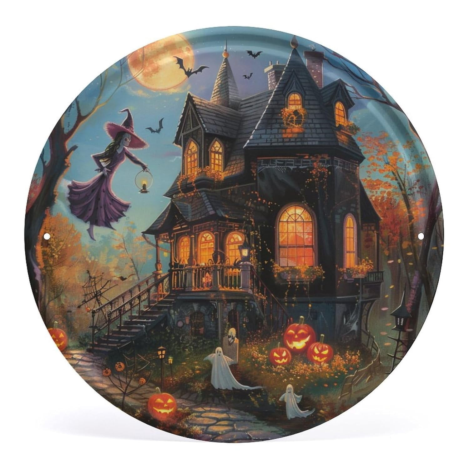 Haunted House with Ghosts Witches And Pumpkin Round Metal Tin Sign ...