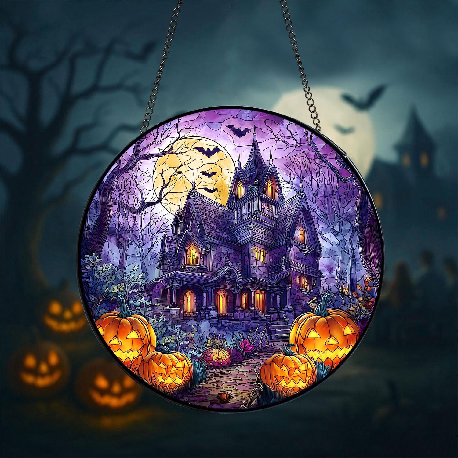 Haunted House Halloween Suncatcher, Castle Halloween Stained Glass ...
