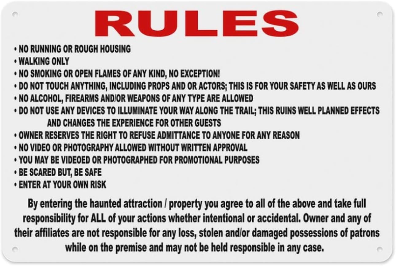 Haunted House Liability Signs Warning Or Rules Sign 8"x12" - Aluminum ...