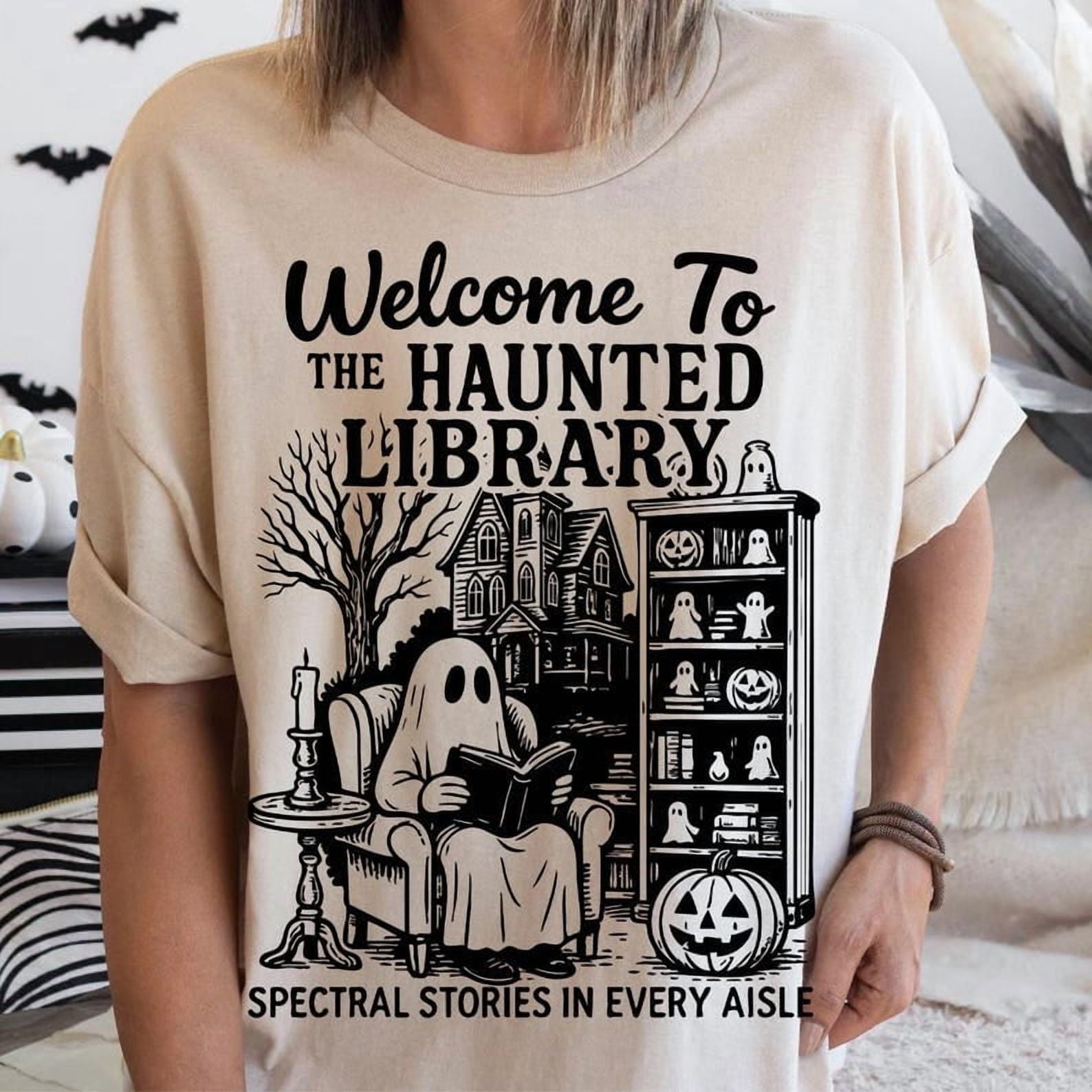 Haunted Library T-Shirt, Spooky Halloween Book Lover T-Shirt, Ghost ...