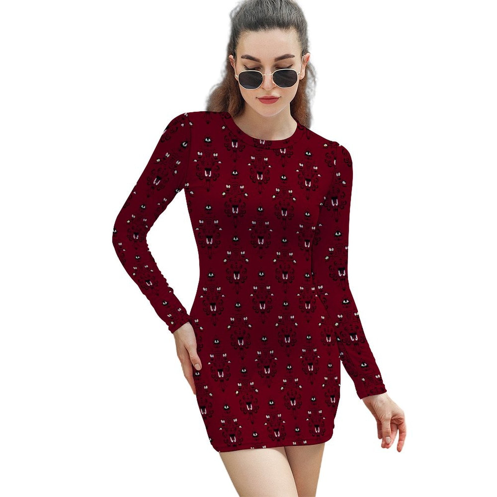 Haunted Mansion Dark Red Women's Long Sleeve Bodycon Dress Soft ...