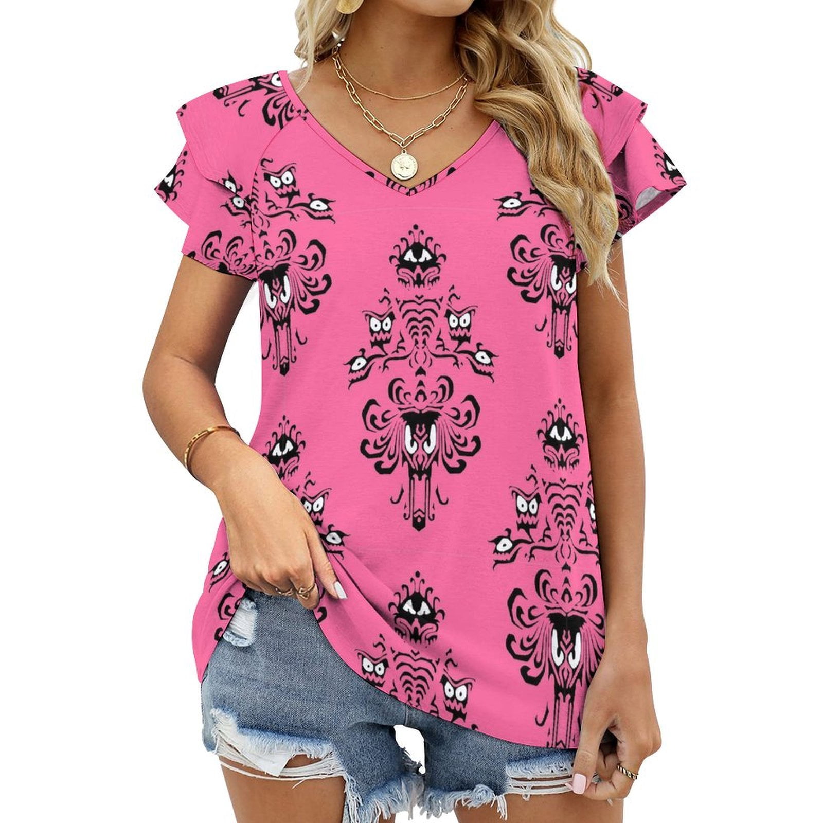 Haunted Mansion Short Sleeve T Shirts Summer V Neck Tops Fashion Casual ...