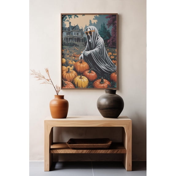 Haunted Pumpkin Patch Ghost With Sunglasses Art Poster Gothic Wall ...