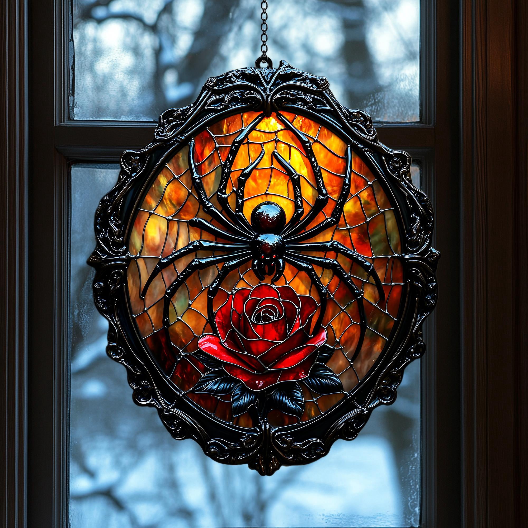 Haunted Rose & Spider Faux Stained Glass Suncatcher – Elegant Gothic ...