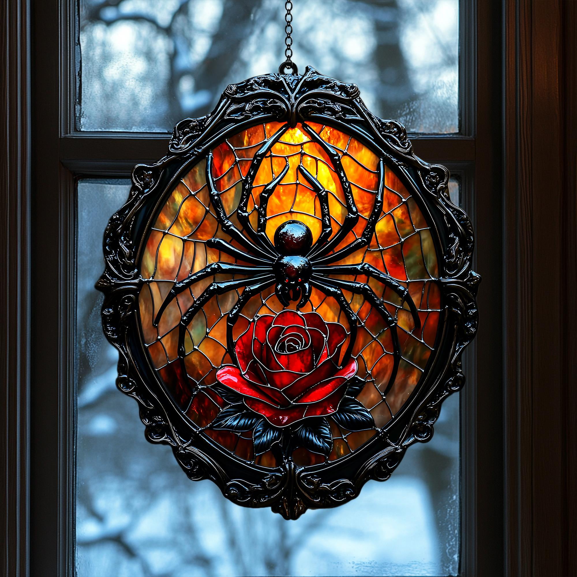 Haunted Rose & Spider Faux Stained Glass Suncatcher – Elegant Gothic Window Hanging with Crimson ...
