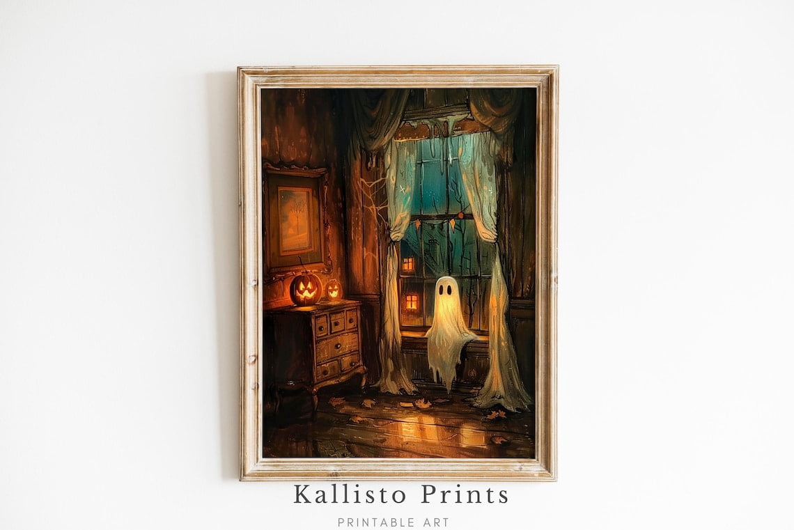Haunted Window Scene, Ghost & Jack-O'-Lanterns Art, Spooky , Gothic ...