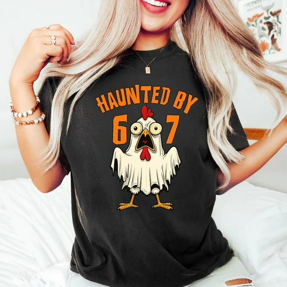 Haunted by 67 Funny Chicken Halloween Unisex Tee, Spooky Ghost Rooster ...