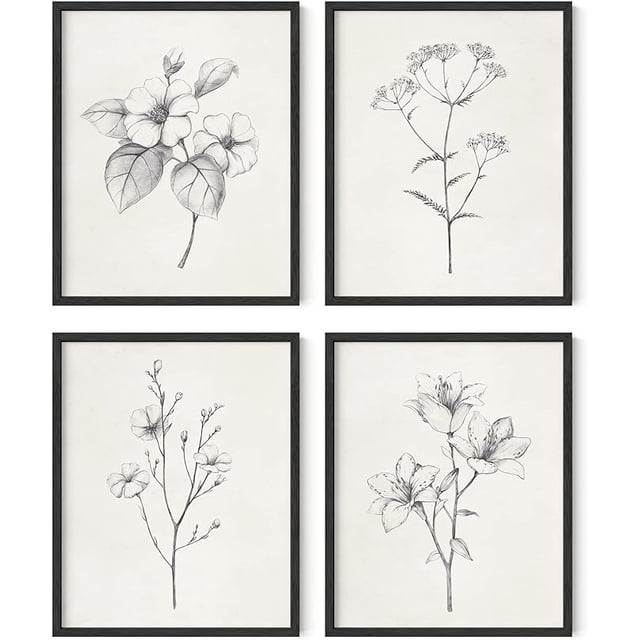 Haus and Hues Grey Floral Wall Art - Set of 4 Plant Posters for Wall ...