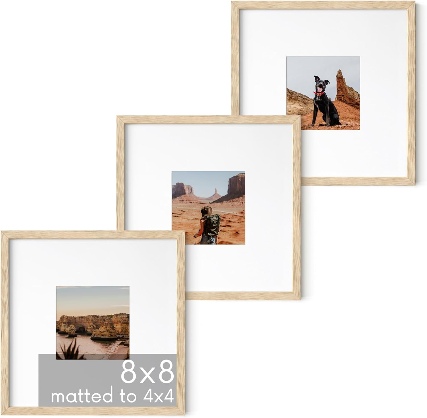 Haus and Hues Oak Wood Picture Frames Matted 8x8, Set of 3, Beige Oak ...