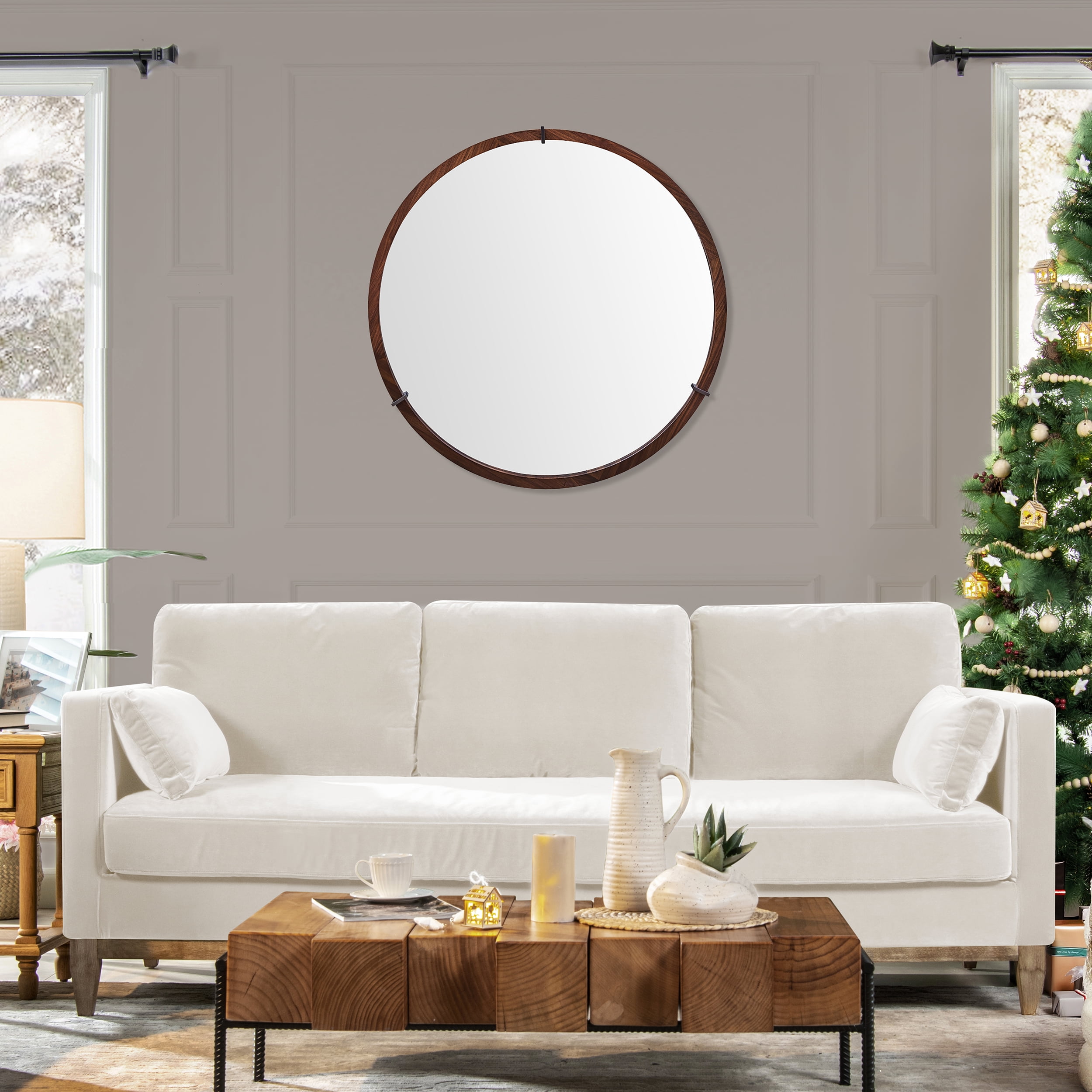Hausen 31.5" Mid-Century Modern Round Accent Wall Mirror,Brown Walnut ...