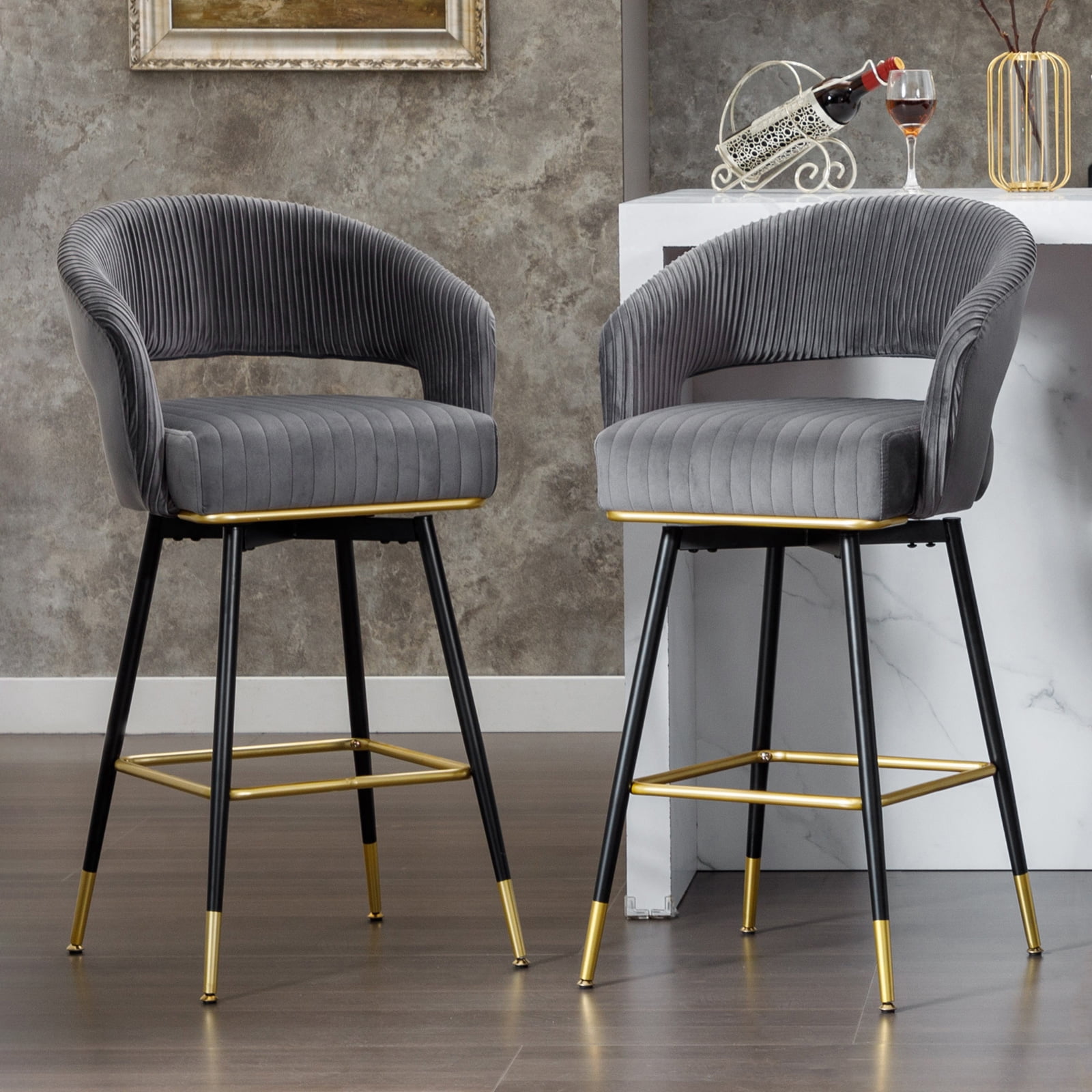 Hausfame Set of 2 Swivel Velvet Bar Stools, Upholstered Counter Height ...