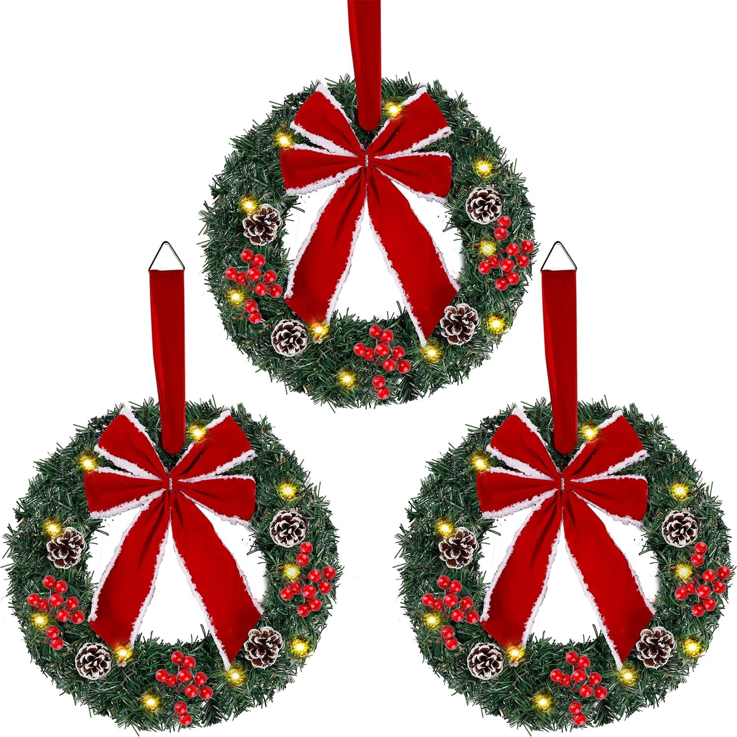 Hausse Set of 3 Christmas Wreaths, Lighted Artificial Christmas Wreath ...