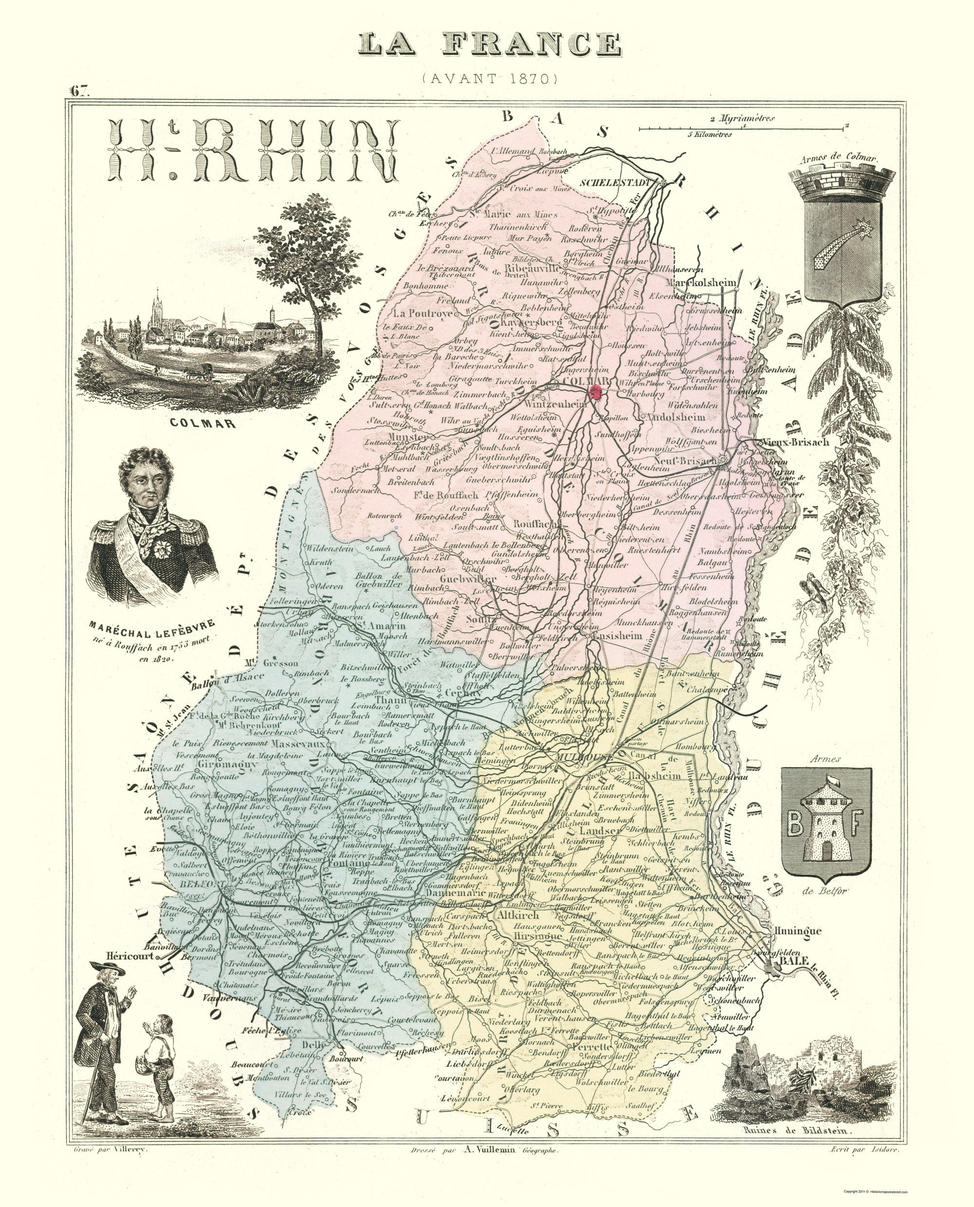 Historic Map - Haut Rhin Department France - Migeon 1869 - 23 x 28.49 ...