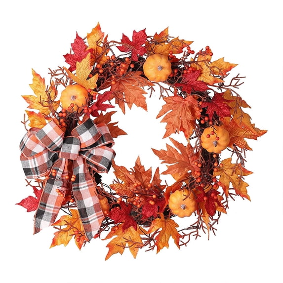 Haute Decor 24 Inch Pre-Lit Fall Pumpkin Artificial Wreath with 30 Warm ...