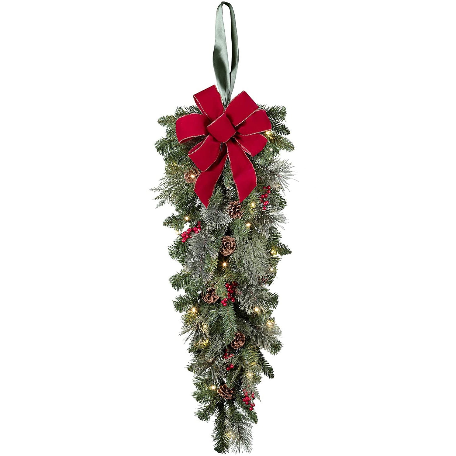 Haute Decor Pre-Lit Christmas Swag, 30 LED Lights, Pine Greenery, Red ...