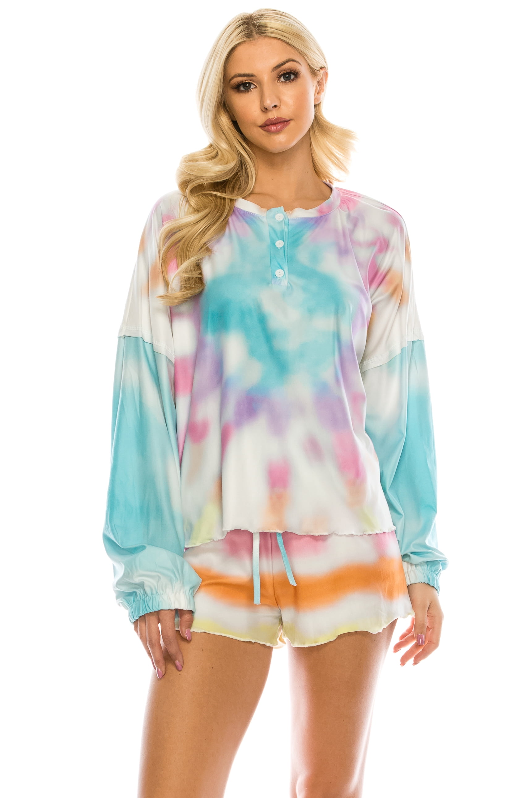 Haute Edition Pattern Split Neck Henley Tee and Drawstring Short Lounge ...