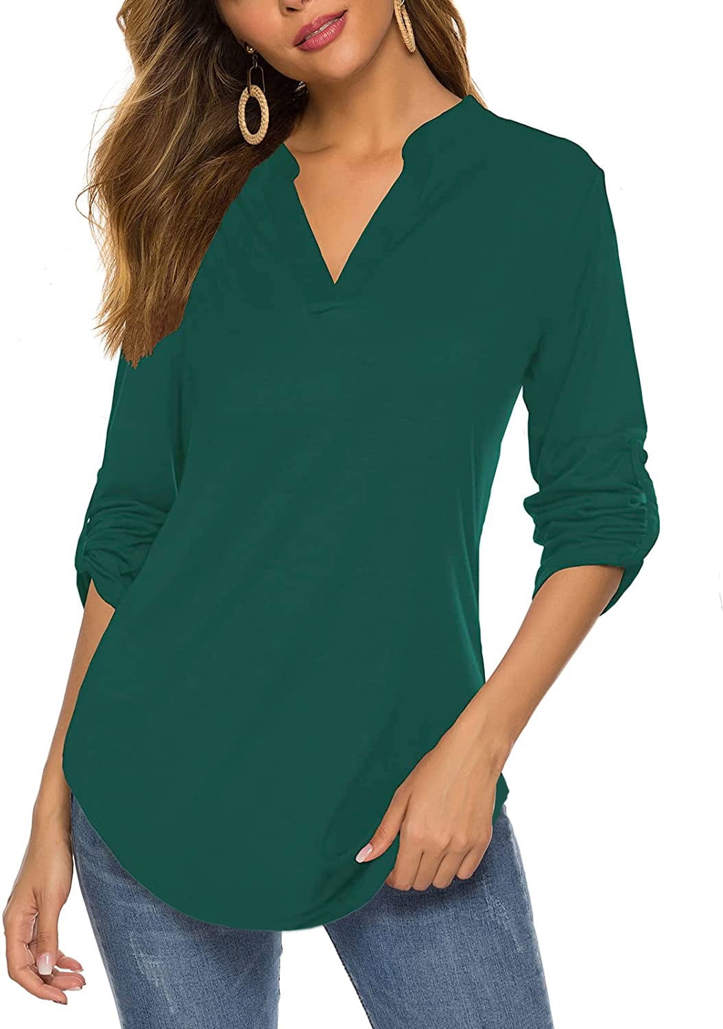 Haute Edition Women's Pattern and Solid 3/4 Roll Tab Sleeve Tunic ...