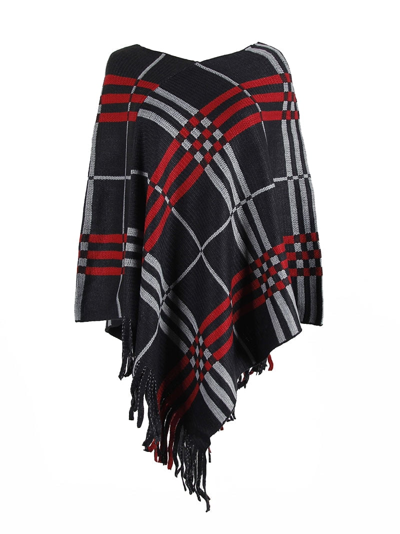 Haute Edition Women's Plaid Poncho with Fringe. One size fits all (S-XL ...