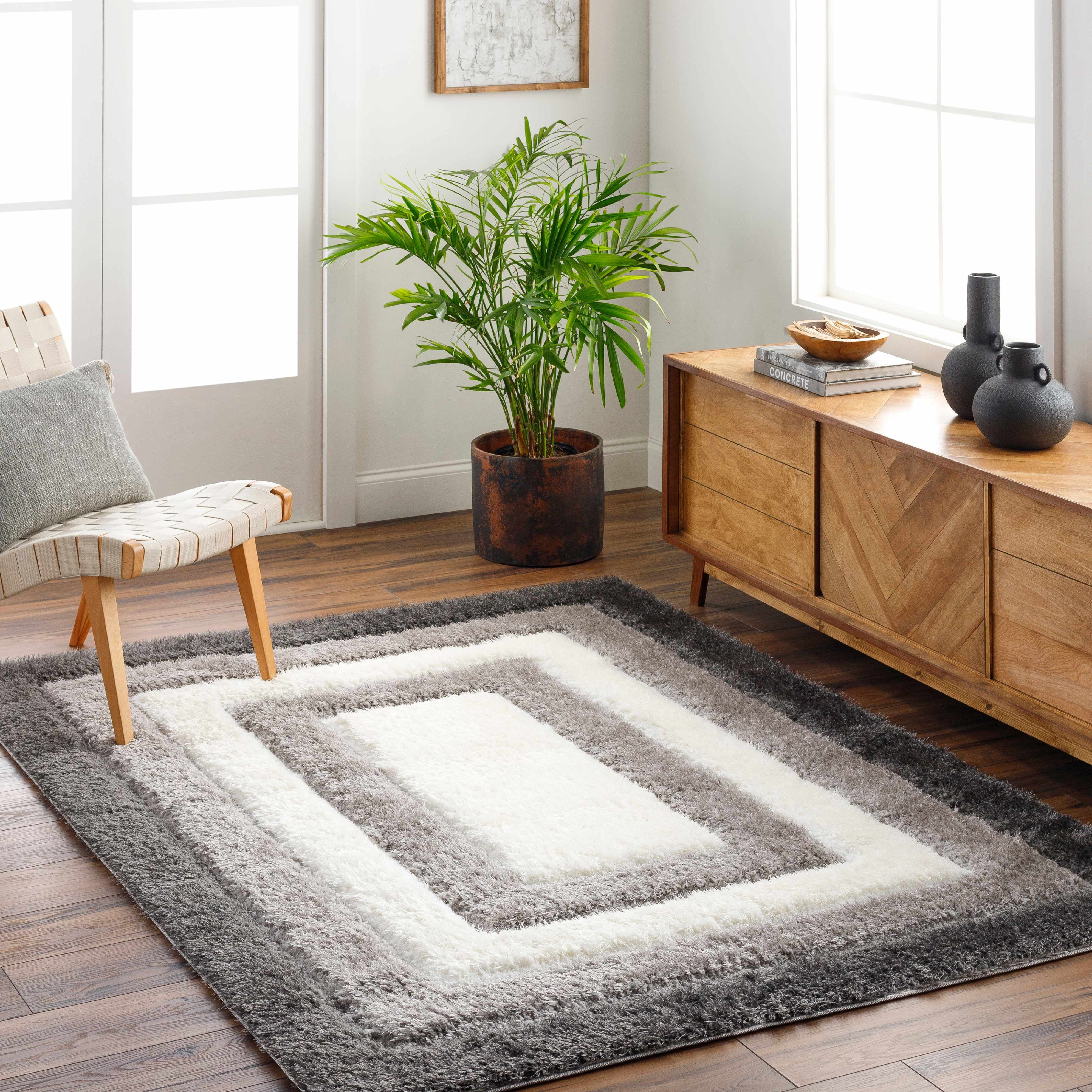 Hauteloom Domna Contemporary Geometric Shag Area Rug - Modern Bordered ...