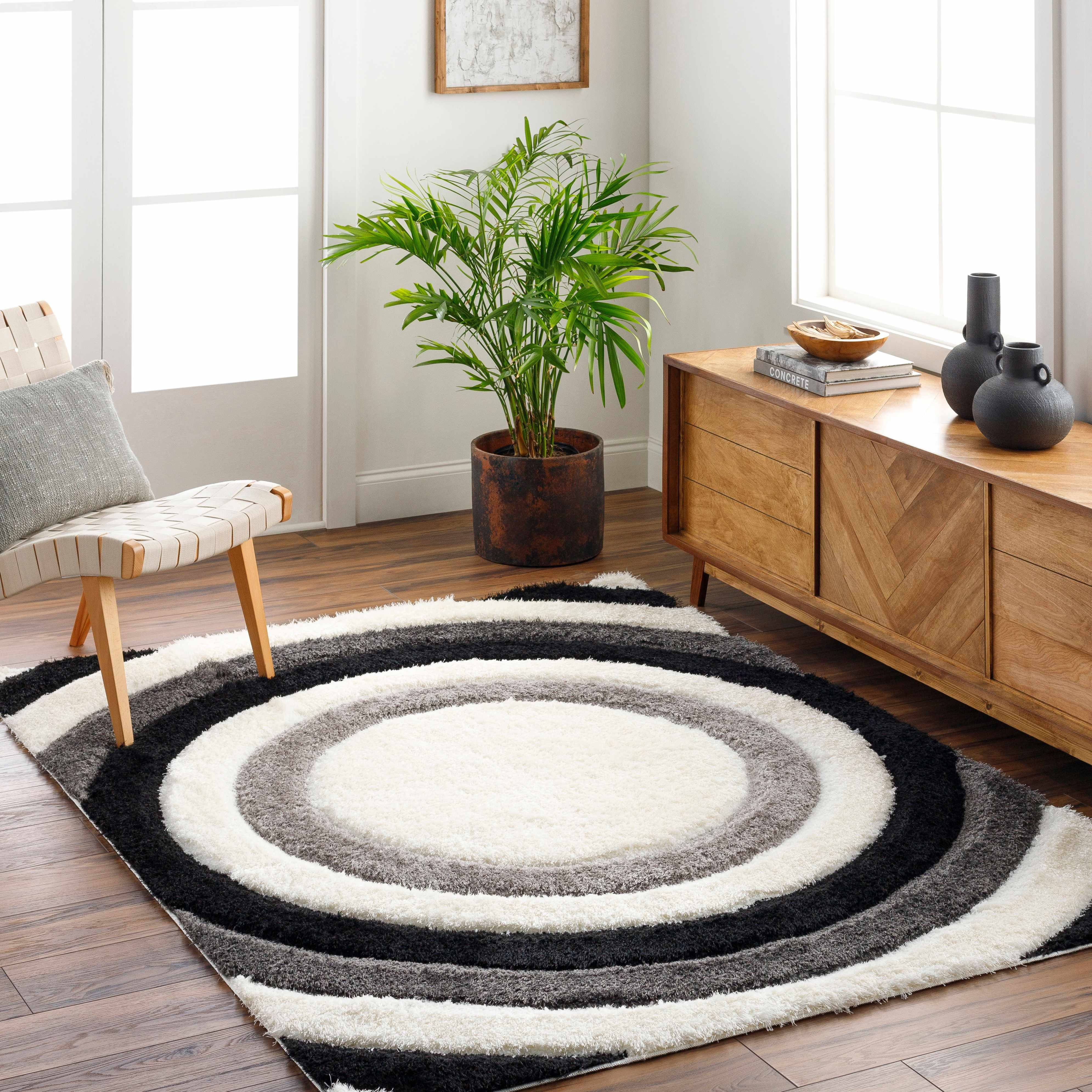 Hauteloom Ebru Contemporary Geometric Shag Area Rug - Modern Circular ...