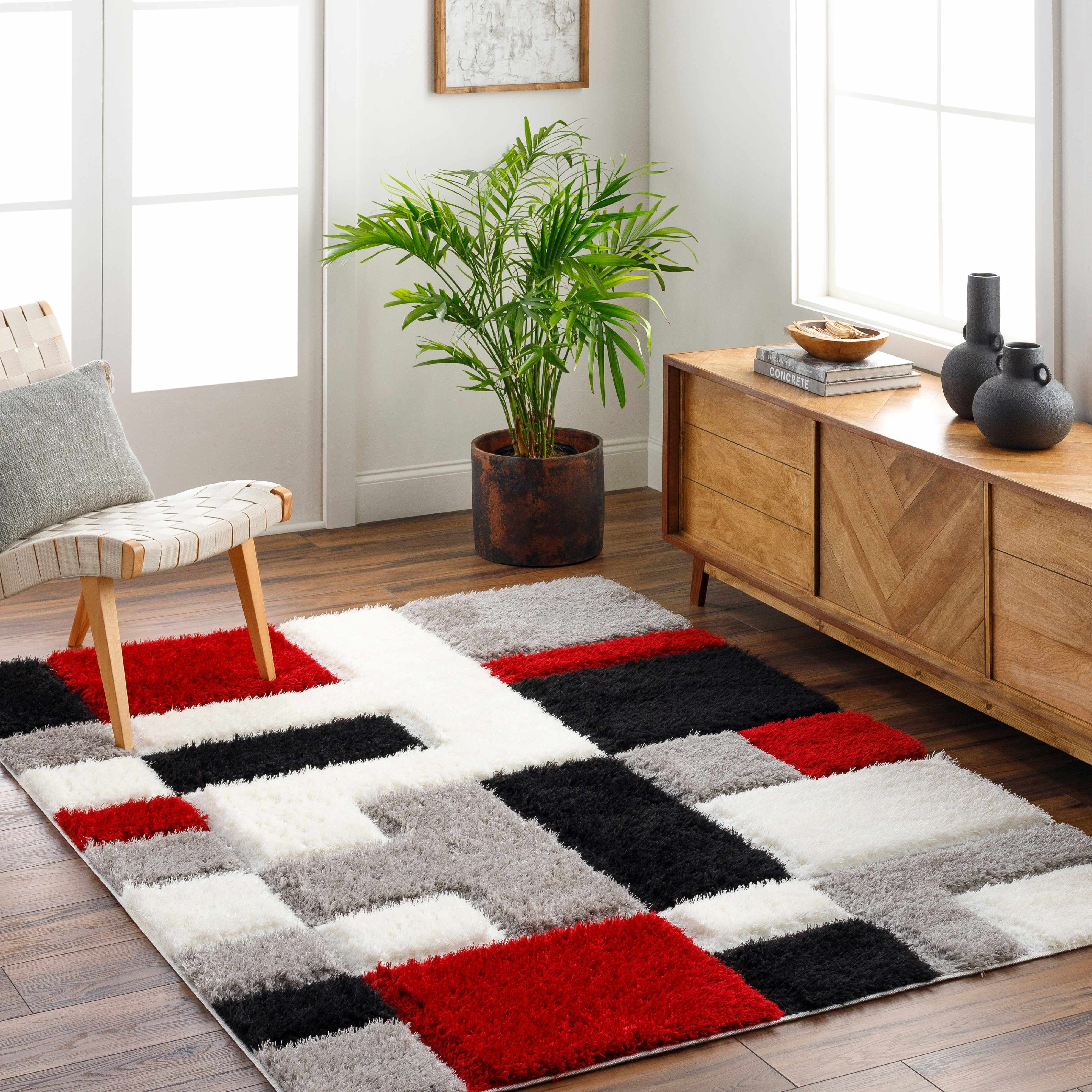 Hauteloom Grey Contemporary Geometric Shag Area Rug - Modern Fluffy ...