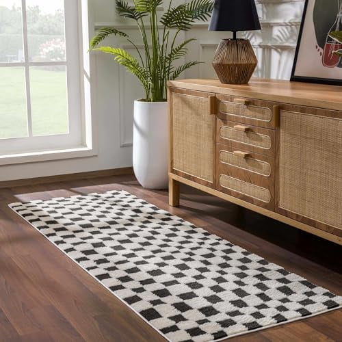 Hauteloom Lajos Contemporary Checkered Runner Rug - Modern Geometric ...