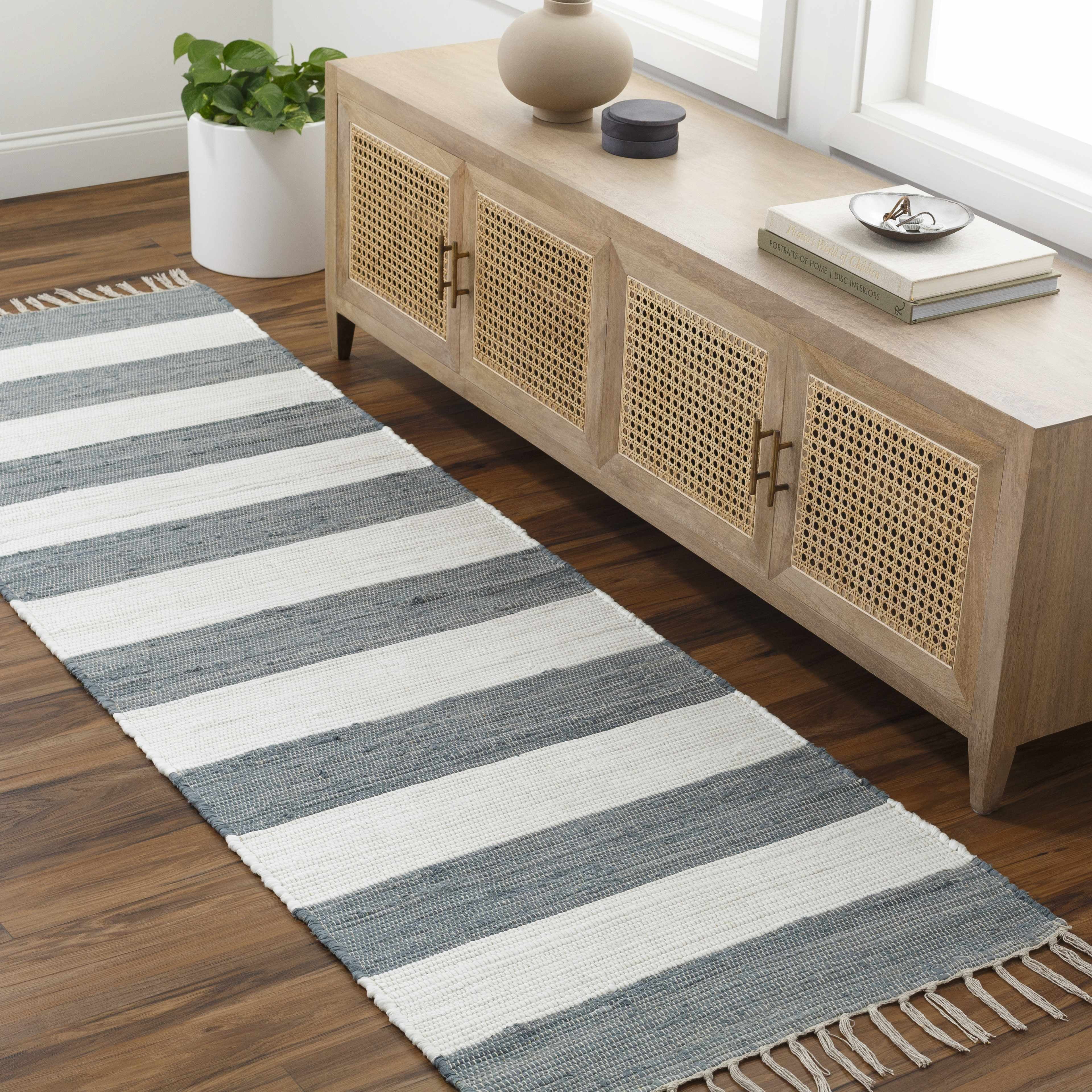 Hauteloom Moby Recycled Material Striped Farmhouse Hallway, Kitchen Runner Rug - Casual ...