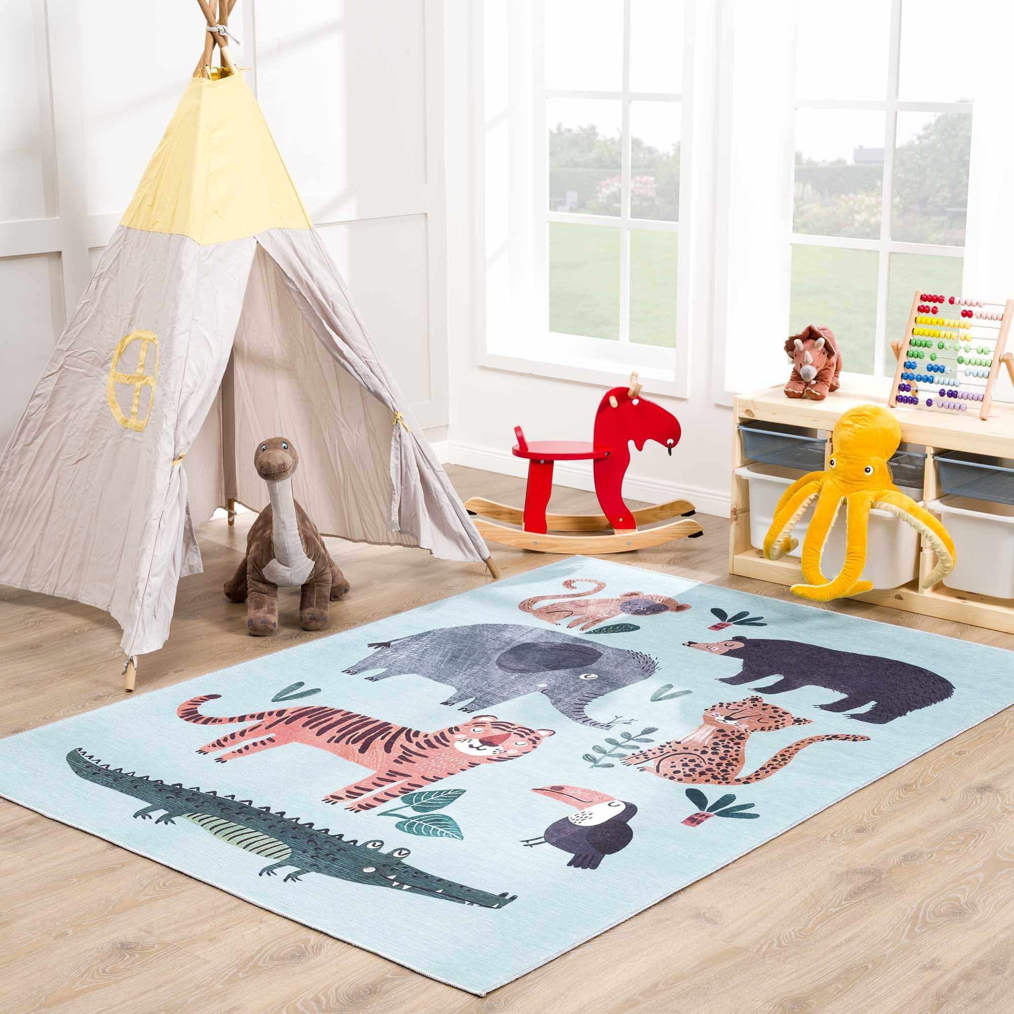 Hauteloom Petey Kids Room, Nursery Machine Washable Area Rug - Animals ...