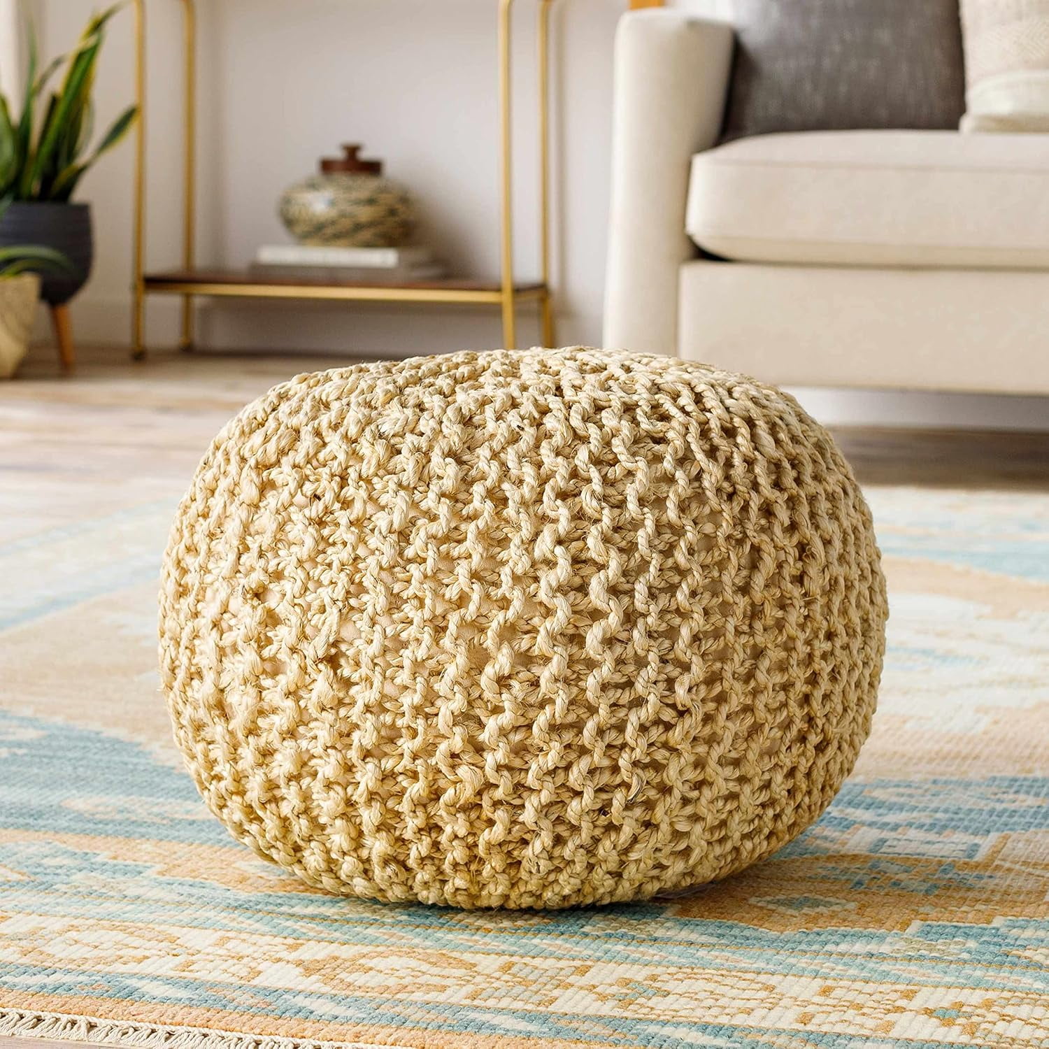 Hauteloom Watseka Natural Wicker Jute Round Pouf - Ottoman Style ...