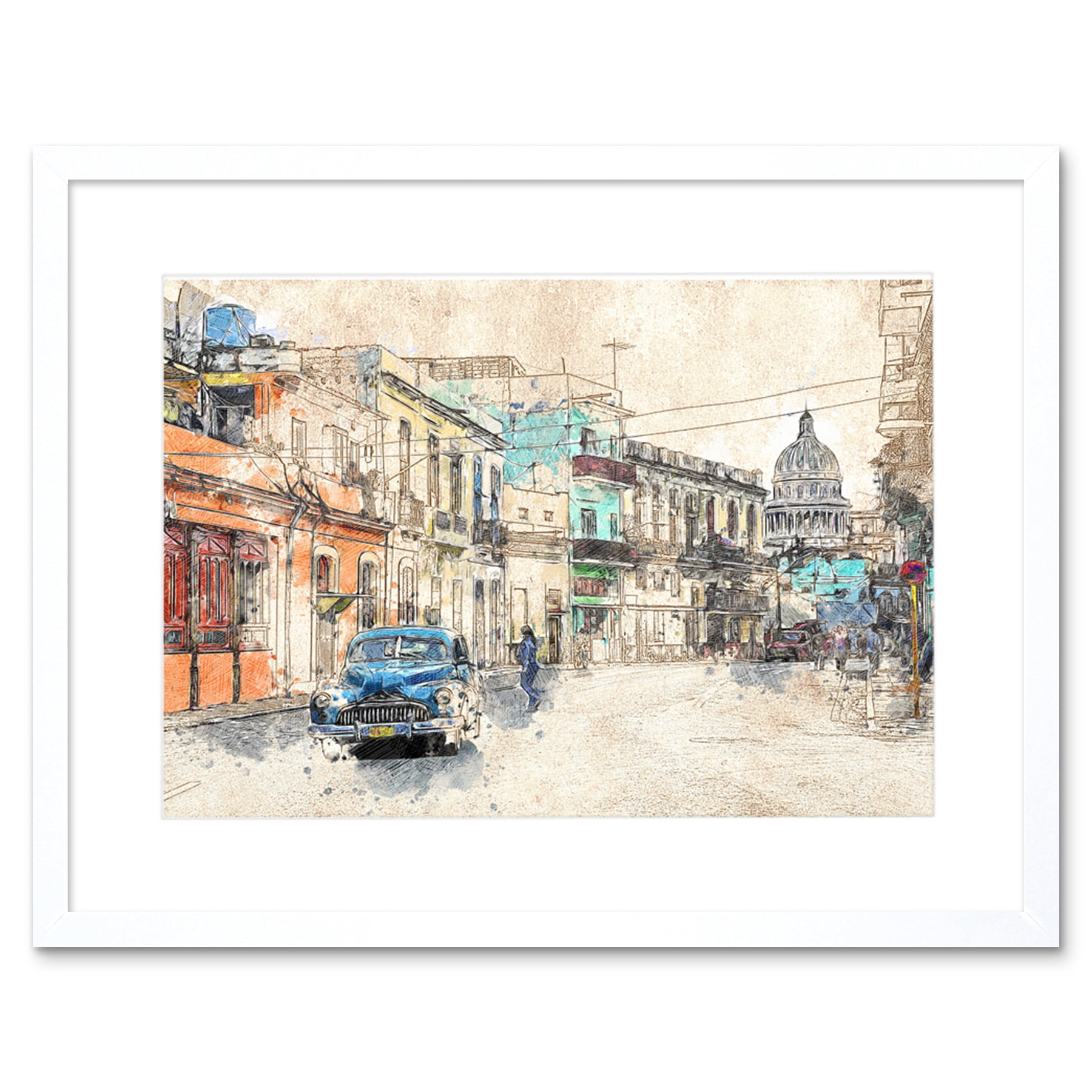 Havana Cuba Street Painting Sketch Framed Wall Art Print - Walmart.com