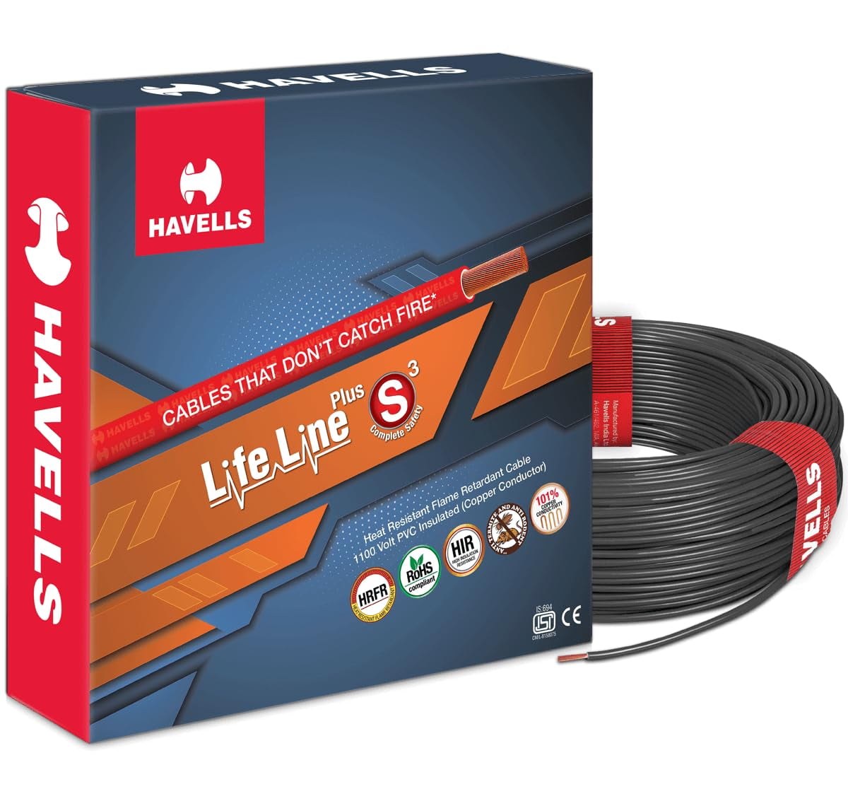 Havells Lifeline Cable WHFFDNKA11X0 1 sq mm Wire Black - Walmart.com