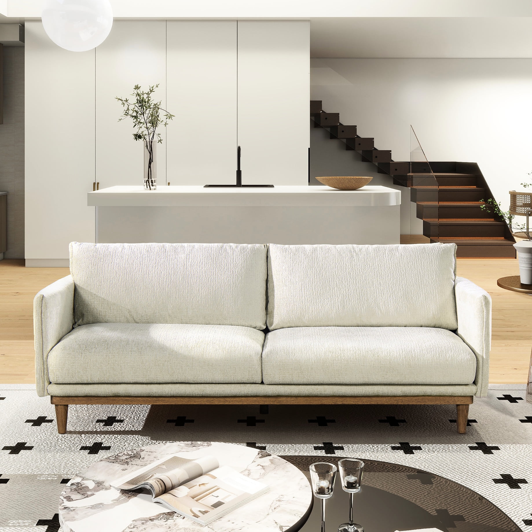 Haven 83" Chenille With Flange - Solid Oak Wood Base For A Relaxed Feel Gray Arms And Luxurious ...