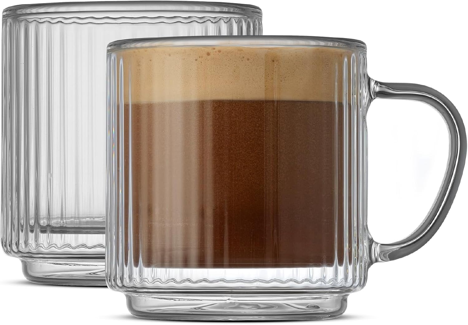 Haven Stackable Fluted Glass Mugs Set of 2, 5.5oz Ribbed Double Wall ...