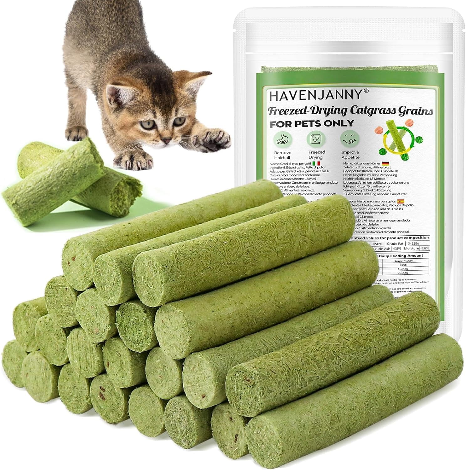 HavenJanny 100g Cat Grass Teething Stick for Cat, Freezed Drying Cat ...