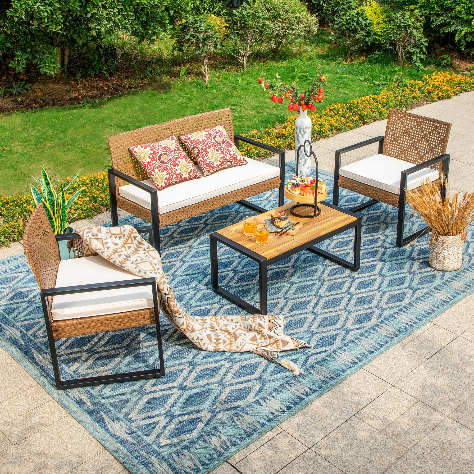 Havenside Home 4-Piece Patio Furniture Wicker Outdoor Bistro Set, All-Weather Rattan Wood ...