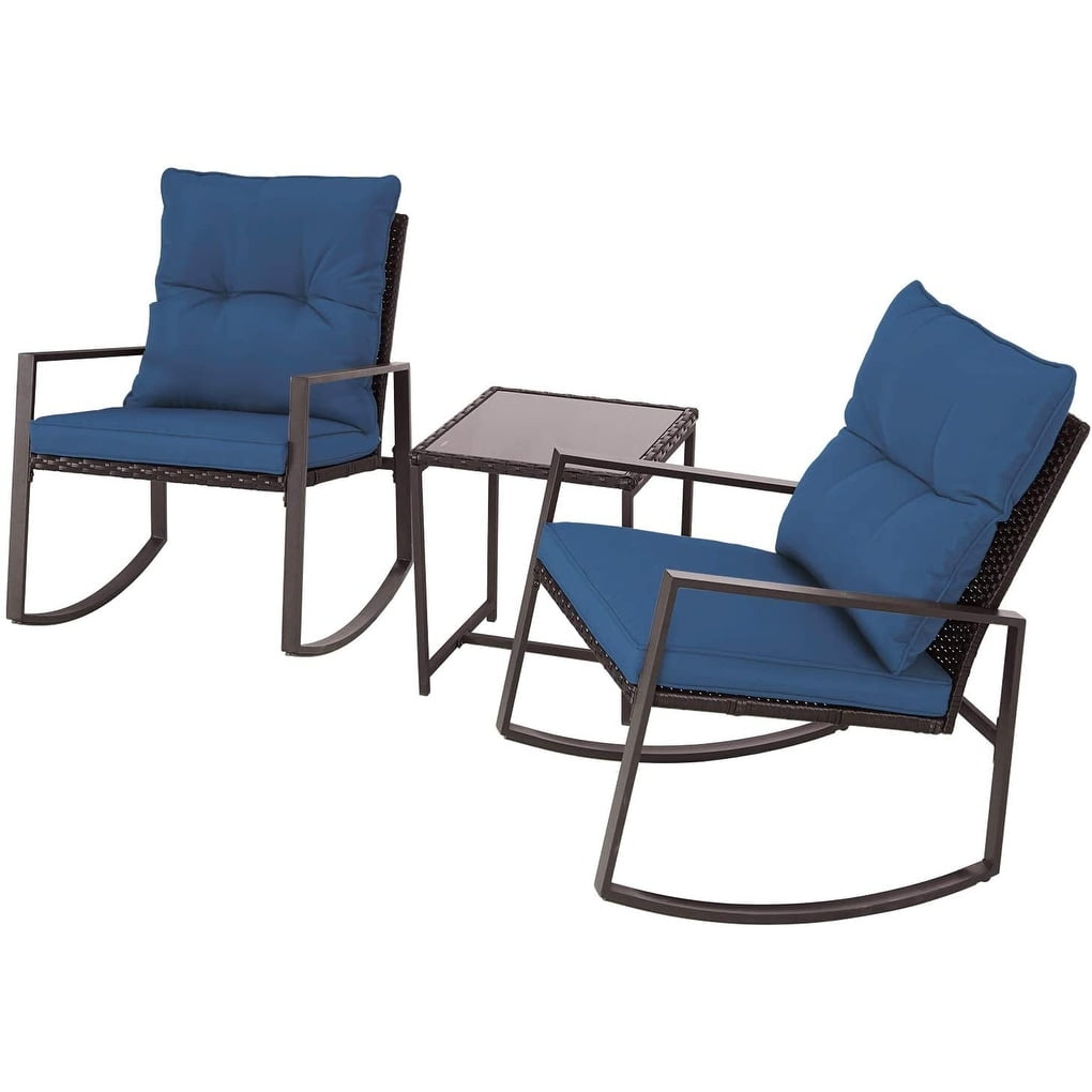 Havenside Home Pheap Outdoor Patio 3-piece Black/Brown Wicker Rocking Bistro Set by Brown/Blue ...