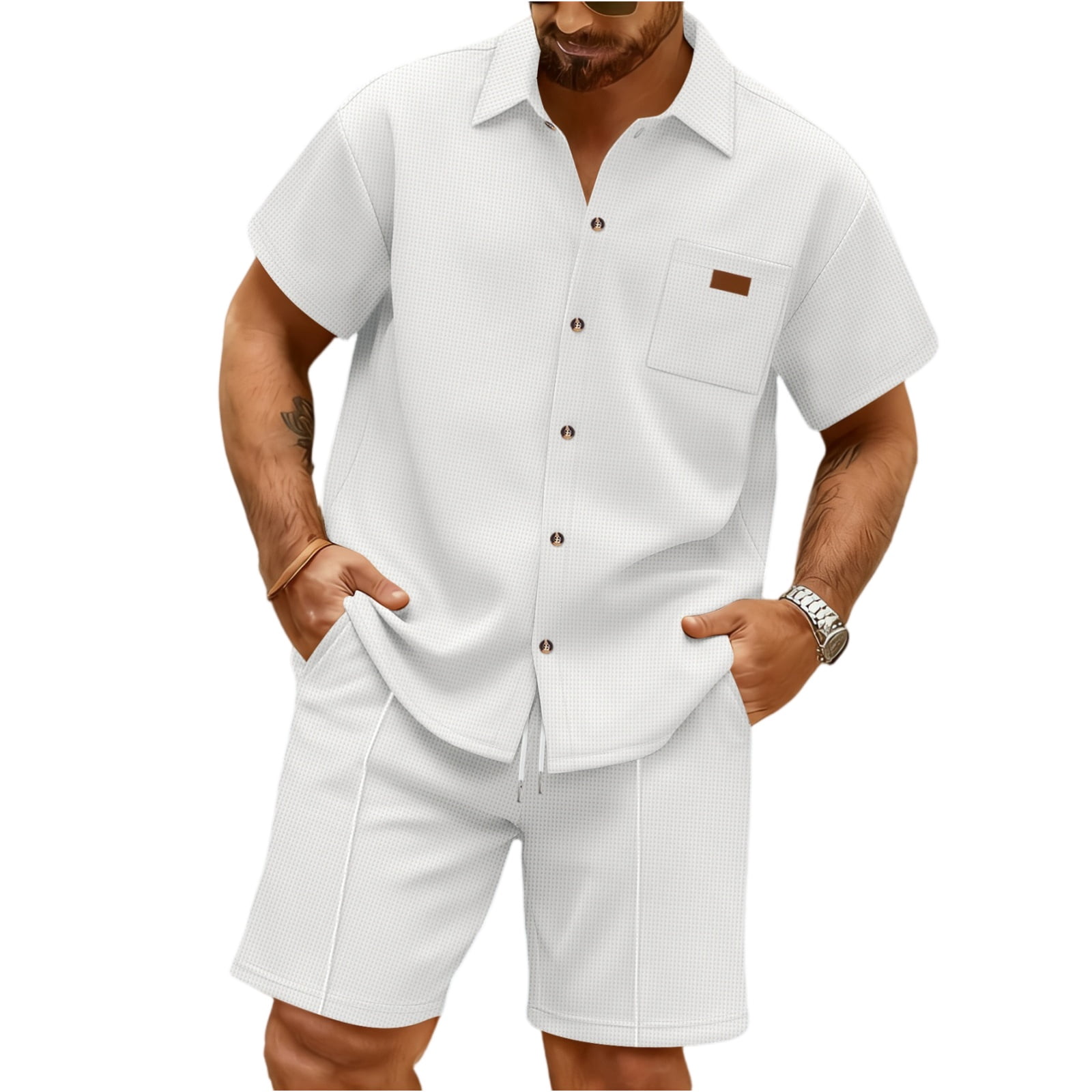 Havenx 2 Piece Short Sets for Men Short Sleeve Waffle Knit Shirt and ...