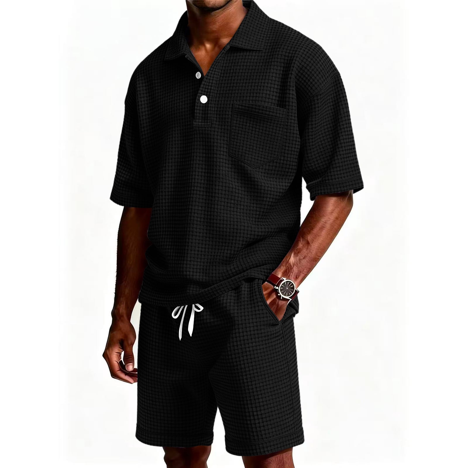 Havenx Men's 2 Piece Outfits Waffle Knit Short Sleeve Polo Shirt and ...