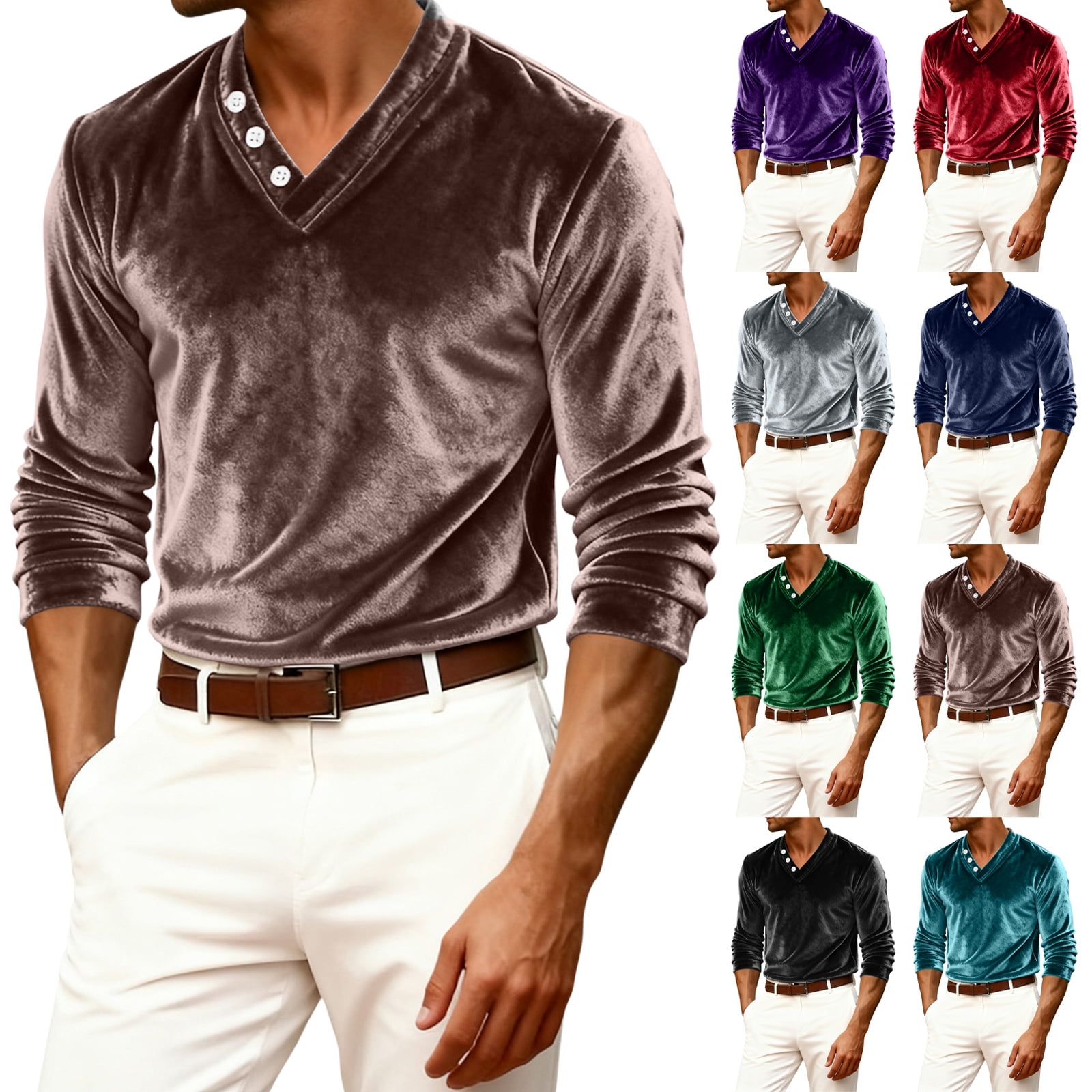 Havenx Men's Button Decor V Neck Velvet Shirts Long Sleeve Velour Shirt ...