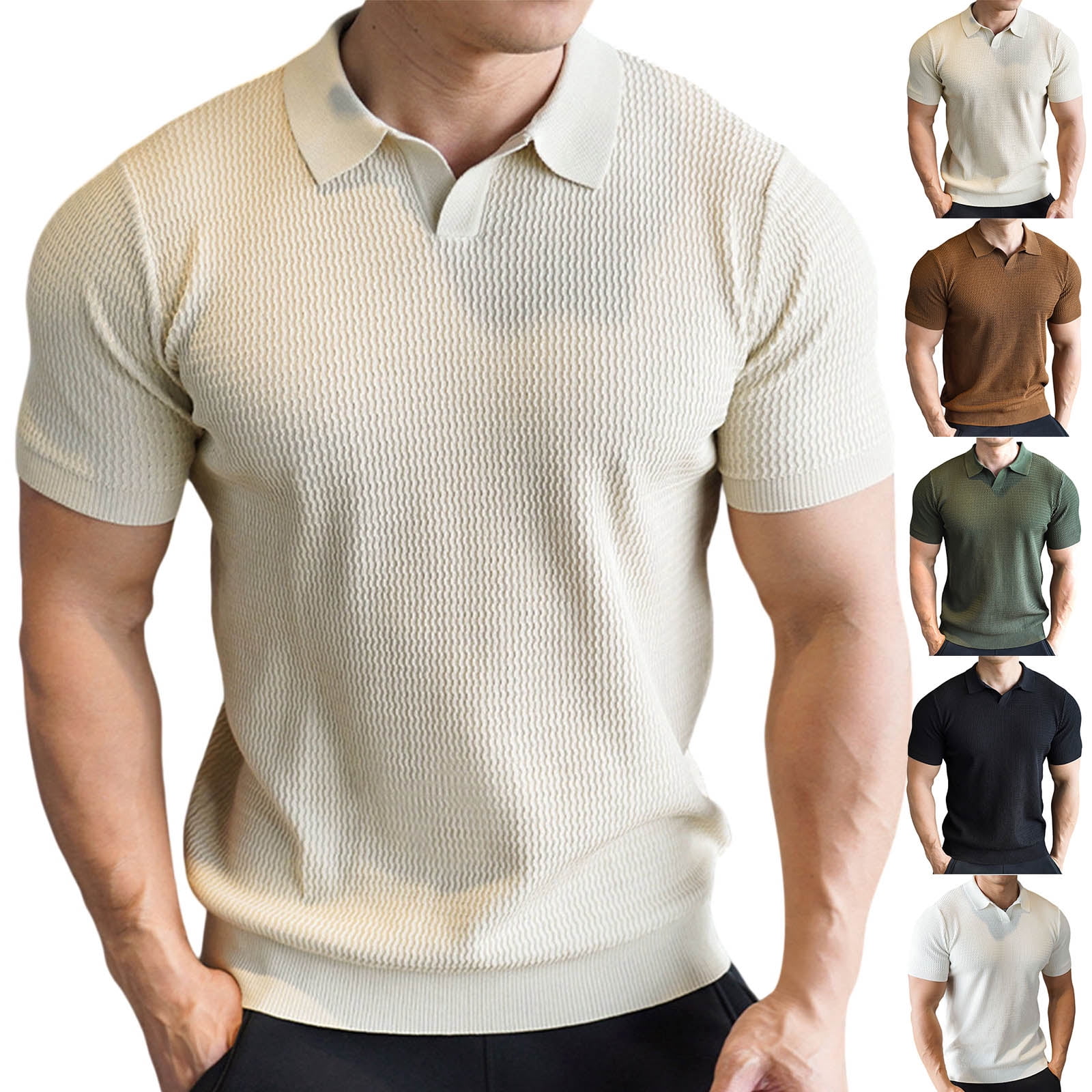 Havenx Men's Knitted V-Neck Polo Shirt Short Sleeve Collared Golf Polo ...