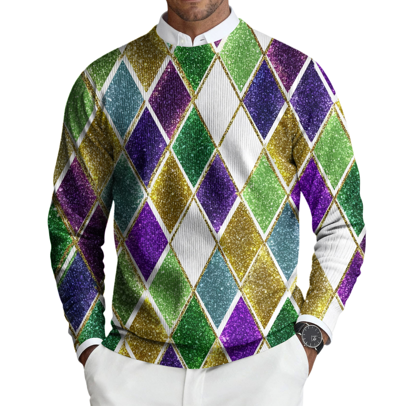 Havenx Men's Mardi Gras Outfits Crew Neck Ribbed Knit Pullover Long ...