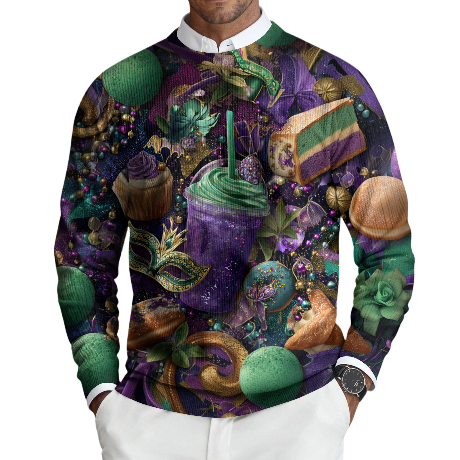 Havenx Men's Mardi Gras Shirts Crew Neck Knit Pullover Long Sleeve ...