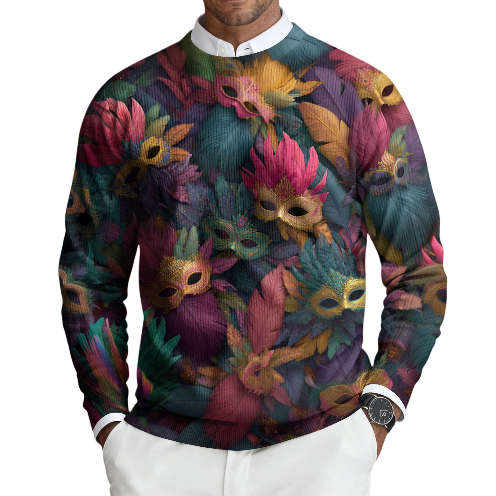 Havenx Men's Mardi Gras Shirts Crew Neck Knitted Sweaters Long Sleeve ...