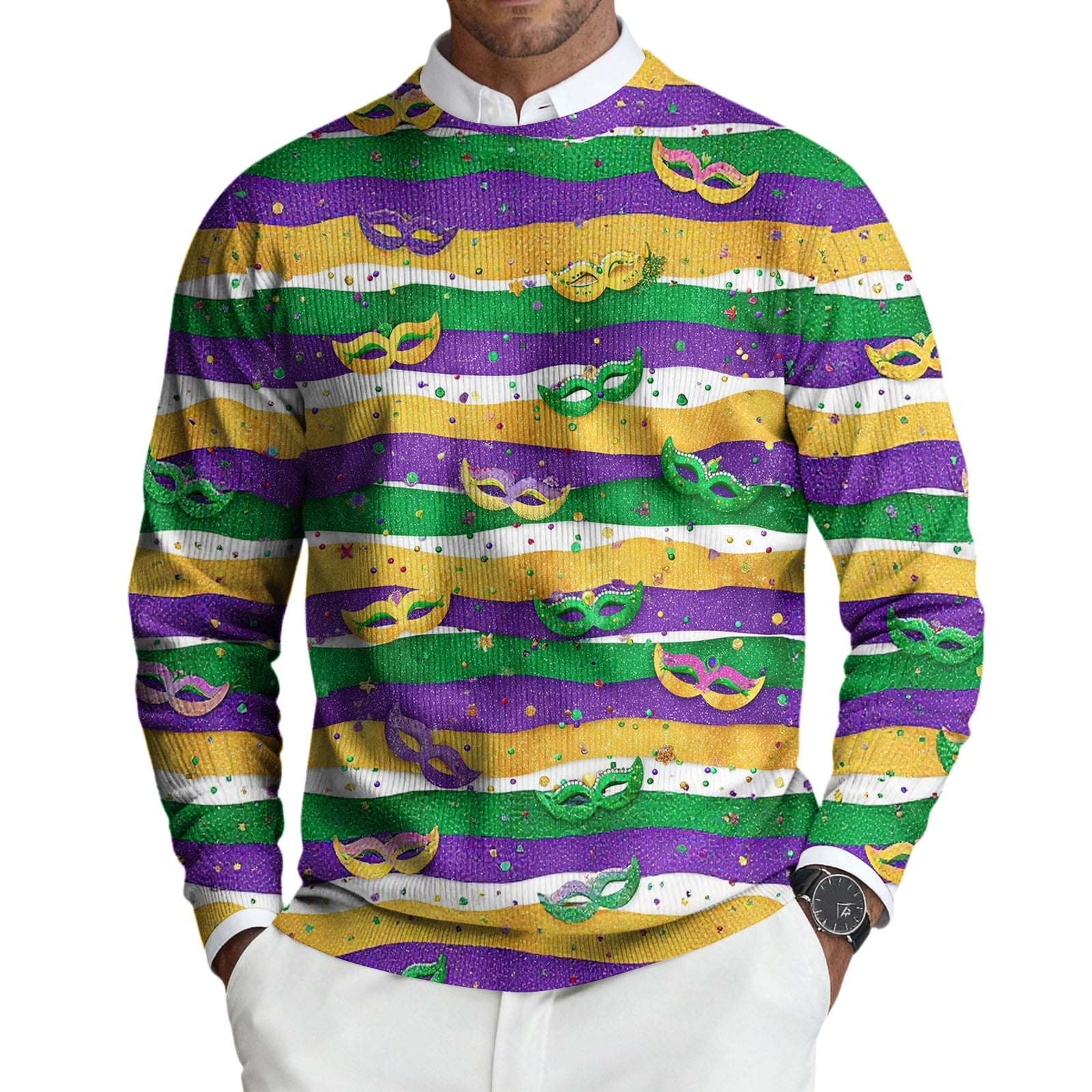 Havenx Men's Mardi Gras Shirts Crewneck Knit Pullover Sweater Long ...