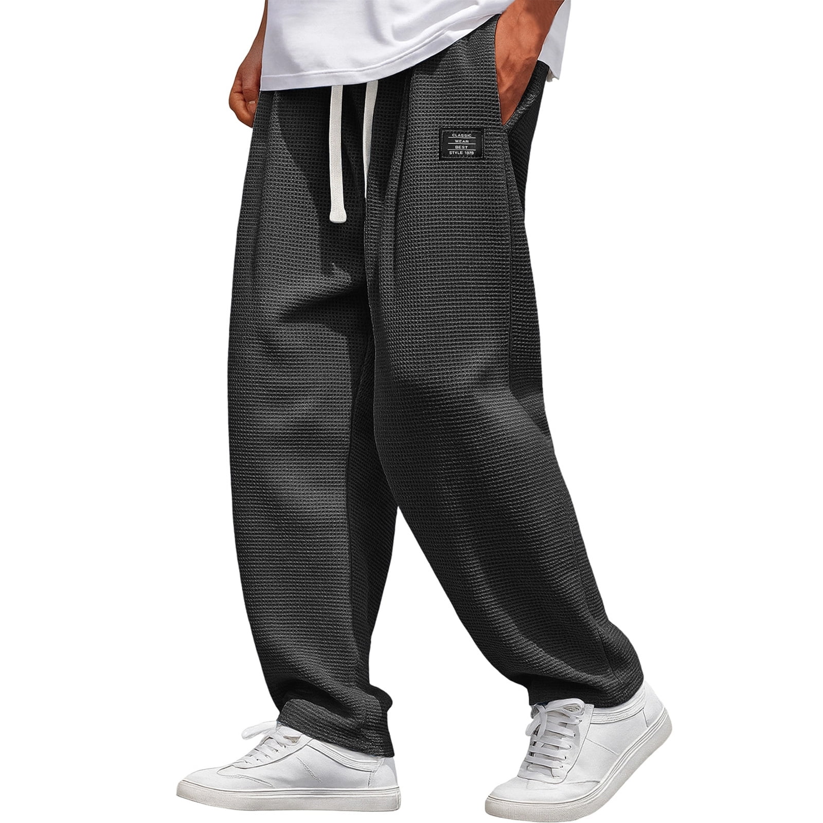 Havenx Men's Waffle Pants Straight Leg Open Bottom Pants Elastic Waist ...